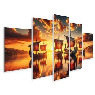 Islandburner Tableau sur toile Mer dor : Navires vikings au coucher du soleil Images murales Poster