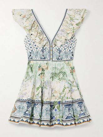 Camilla Minikleid Aus Biobaumwolle Mit Print, Rüschen Und Cut-out - Blau