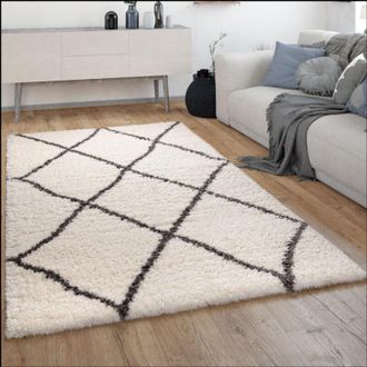 Paco Home Paco Home - Tapis Shaggy Tapis De Salon Shaggy Poil Long Motif Diamant Scandinave Moderne 160x230 cm, Crème 6
