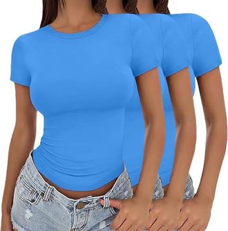 Generic Lot de 3 t-shirts courts &agrave; manches courtes pour femme - Coupe ajust&eacute;e - Col rond - Doux et l&eacute;ger - D&eacute;contract&eacute;, bleu, XS