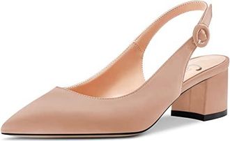 Castamere Femmes Bloc Chunky Bas Talon Heel Fermé Pointu Bout Slingback Escarpins Boucle Cute Dress Bureau 5 CM Heels Marron Satin 42 EU