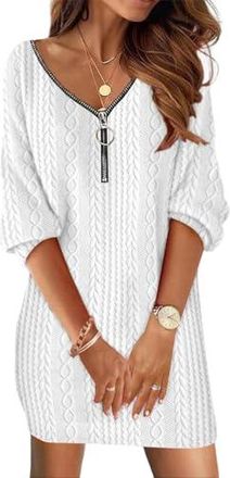 Minetom Robe Pull Femme Col V Dentelle Ample en Maille Long Pullover Tricot Robe De Noël À Manche Longue Robe De Soirée C Blanc XL