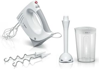 Bosch Handr&uuml;hrer MFQ3540, Handr&uuml;hrger&auml;t, 2 R&uuml;hrbesen, 2 Edelstahl-Knethaken, sp&uuml;lmaschinengeeignet, 5 Stufen, P&uuml;rierstab, Mixbecher, 450 W, wei&szlig;