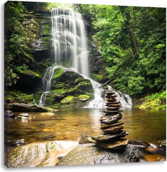 Pixxprint Zen Steine vor Wasserfall, Gr&ouml;&szlig;e: 70x70, Leinwandbild Quadratisch, Wandbild, Kunstdruck, fertig bespannt