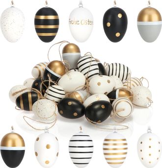 Com-Four 36x Ostereier zum Aufhängen 6 cm - Osterdeko in tollen Farben - Hänge-Dekoration mit verschiedenen Designs (schwarz/weiß/goldfarben - 01)