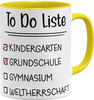 OM3 5. Klasse Tasse mit To Do Liste - Sextaner Gymnasium Gymi - Schulstart - Keramik Becher - 325ml - Beidseitig Bedruckt - Gelb