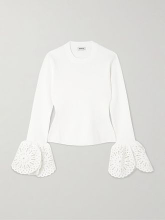 SIMKHAI Elyse Oberteil Aus Rippstrick Mit Guipure-spitzenbes&auml;tzen Und Wellenkanten - Wei&szlig;