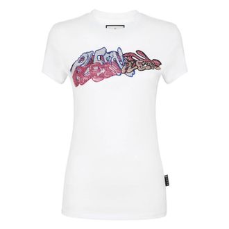 Philipp Plein Femme, Tops, Blanc, Taille: 36 FR T-Shirt Pure avec Cristaux Bombing Graffiti