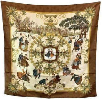 Herm&egrave;s unisex, Pre-owned, Brun, Taille: ONE Size Pre-owned Joies Dhiver &Eacute;charpe en Jacquard de Soie (Carr&eacute; 90)