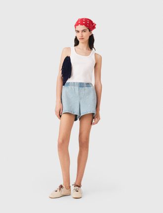 Maje Short En Denim Avec Fleurs - Bleu - Maje