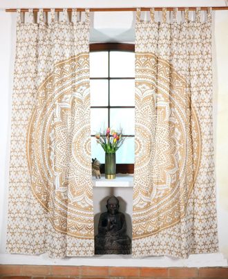 Guru Shop Boho Vorh&auml;nge, Gardine (1 Paar) mit Schlaufen, Handbedruckter Ethno Style Vorhang, Rundes Mandala Motiv - Wei&szlig;/Gold, Baumwolle, 230x100 cm