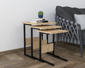 Hanah Home Elegant Nesting Table Set (3 Pieces) - Black & Sapphire Oak, 100% Melamine Coated, Iron Legs, Large: 40x55x40cm, Medium: 36x50x36cm, Small: 32x45x32cm