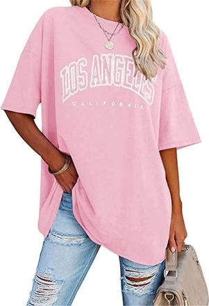 TOMWELL Oversize T Shirt Damen Rundhals Los Angeles Oberteile Tops Casual Lockere Basic Sommer Tee Shirts Bluse C Rosa XXL