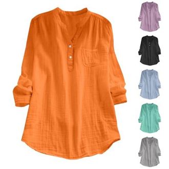 Generic Chemise &agrave; manches longues en coton et lin pour femme - Tunique confortable et respirante, grande taille, coupe ample, avec poche de poitrine, chemises