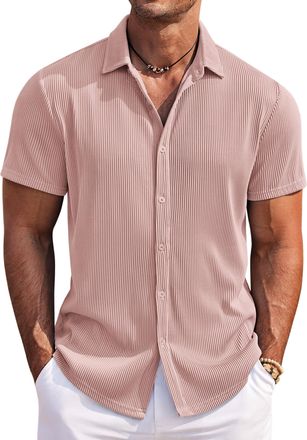 Coofandy Herren Hemd Kurzarm Sommerhemd Leicht Freizeithemd B&uuml;gelfrei Kurzarmhemd Strand Hemden Casual Button Down Shirt Rosa XL