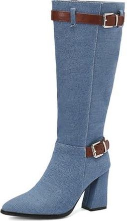 Generic Bottes montantes en denim &agrave; bout pointu et talon bloc pour femme avec sangle &agrave; boucle et fermeture &eacute;clair lat&eacute;rale, bleu clair, 38.5 EU