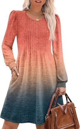 Generic Mini robe boh&egrave;me ombr&eacute;e &agrave; manches longues et col rond pour femme, robe d&eacute;contract&eacute;e fluide avec poches lat&eacute;rales, douce, extensible, confortable, robe