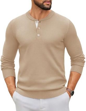 Coofandy Pulls pour Hommes &agrave; Manches Longues Pull Henley Casual Henley T-Shirts L&eacute;ger &agrave; Col Rond Pull Tricot&eacute; Beige L
