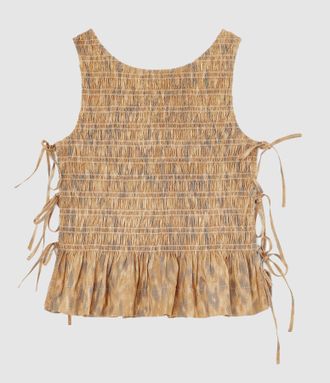 Ganni Top Printed Smocked Tie Burro