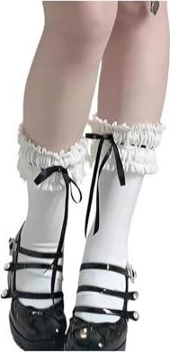 Generico Chaussettes mi-mollet Sweet Bowknot - Chaussettes de printemps japonaises pour femme (2 paires), blanc, Large