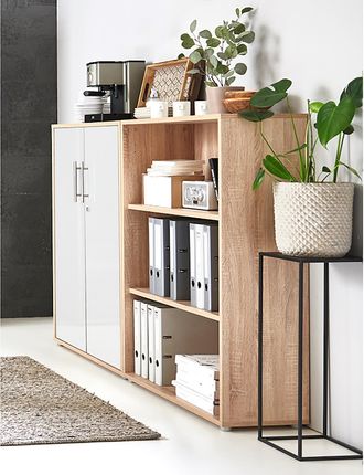 Furnitive home24 Aktenschrank 2-teilig 85 x 114 x 33cm Braun/Eiche Sonoma Dekor/Hochglanz Weiß