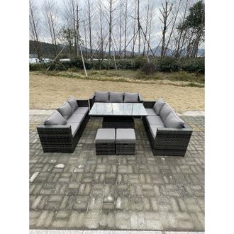 Fimous U Form Outdoor Rattan Gartenmöbel Sofa Set Lounge Einstellbare Steigende Hubtische Fußhocker Dunkelgrau Gemischt - Fimous