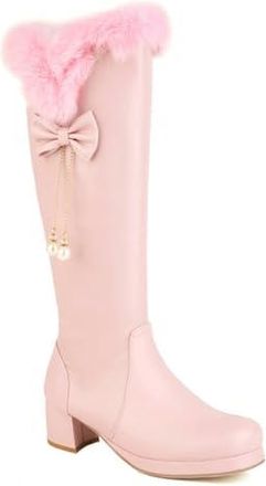 Generic Rose,37 EU,Bottes Hautes pour Femmes, Bout carré, Plateforme, Talon Bas épais, Bottes Longues avec noeud, Chaussures habillées à Fermeture éclair laté