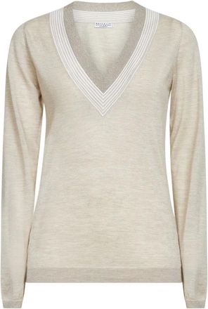 Brunello Cucinelli Femme, Pulls, Beige, Taille: 40 FR V-neck Jersey Top