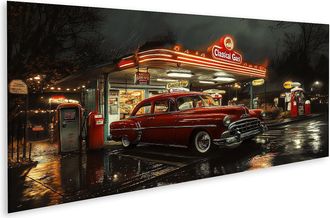 Islandburner Bild auf Leinwand Klassische Tankstelle bei Nacht mit rotem Oldtimer für Wohnzimmer Oldtimerliebhaber Kunst Bilder Wandbilder Poster