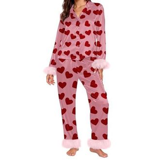 Generic Ensemble de pyjama en satin pour femme - V&ecirc;tement de nuit imprim&eacute; coeur - Haut et pantalon boutonn&eacute;s - Tenue 2 pi&egrave;ces - Pyjama en soie doux et confort
