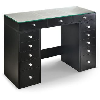 Menzzo Coiffeuse moderne avec 13 tiroirs et plateau en verre transparent L120cm Probeauty Noir