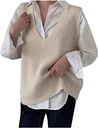 Generic Pull d&eacute;contract&eacute; sans manches avec col en V et maille c&ocirc;tel&eacute;e pour femme, C, Taille unique