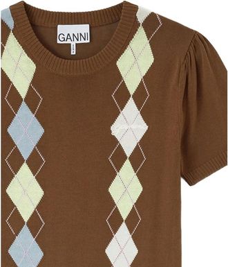 Ganni Argyle-Knit T-Shirt - Brown