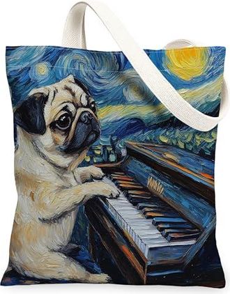 Generic Sac fourre-tout en toile motif carlin pour faire du shopping, 33 x 38,1 cm, motif piano &eacute;toil&eacute;, sac d&eacute;picerie r&eacute;utilisable, sac &agrave; bandouli&egrave;re pour fem