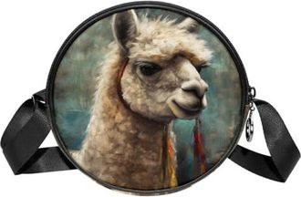 Generic Sac &agrave; bandouli&egrave;re rond pour femme, motif alpaga vintage, petit sac &agrave; bandouli&egrave;re avec fermeture &eacute;clair, bretelles r&eacute;glables, sac &agrave; main rond d&eacute;contrac