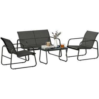OUTSUNNY Salon de jardin - Outsunny - canap&eacute; fauteuils - table basse - verre tremp&eacute; - 4 pi&egrave;ces - gris et noir