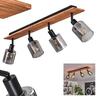 HOFSTEIN Deckenleuchte Aggebu, Deckenlampe aus Metall/Holz/Glas in Schwarz/Natur/Rauchfarben, Leuchte im Retro/Vintage/Industrial-Design mit verstellbaren Schi