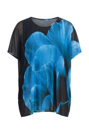 Ulla Popken Druckbluse Mesh-Bluse Bl&uuml;ten Oversized Rundhals Halbarm