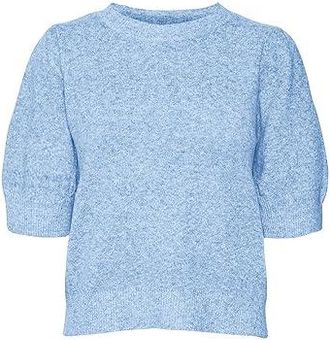 Vero Moda Pull VMDOFFY 2/4 à col Rond GA Noos pour Femme Bleu Little Boy/Détails : mélange L, Bleu Little Boy - Détails :, L