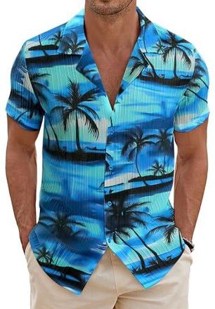 Coofandy Chemise &agrave; manches courtes pour homme - Col cuban - Chemise hawa&iuml;enne &agrave; manches courtes - Chemise ray&eacute;e Guayabera, Cocotier bleu, XXL