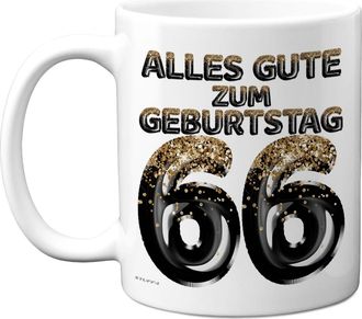 Stuff4 66. Geburtstagsgeschenke - Schwarz Gold Glitzerballons Tasse - Geburtstag Tasse f&uuml;r M&auml;nner und Frauen, 325 ml Premium-Keramiktasse, Sp&uuml;lmaschinenfest