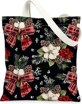 Generic Sacs fourre-tout r&eacute;utilisables en toile de No&euml;l motif pommes de pin et fleurs, vintage, rustique, l&eacute;ger, lavable, F, Noir/blanc, 13x15 Inch