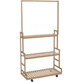 Hhg [NEUWERTIG] Bambus Pflanzenregal HHG-376, Blumentreppe Blumenst&auml;nder Pflanzentreppe, Stange 3 Ablagen Rollen 175x93x38cm natur