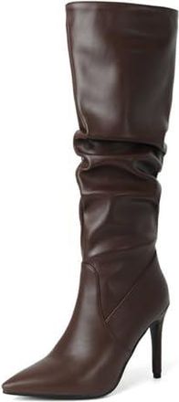 Generic Bottes montantes &agrave; bout pointu et &agrave; talon aiguille pour femme - Chaussures dhiver &agrave; enfiler - Veau large, marron, 37.5 EU