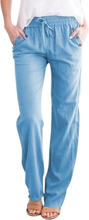 Generic Pantalon en coton et lin pour femme - Jambe large - Pantalon de plage d&eacute;t&eacute; pour femme - Confortable - Pantalon de yoga Palazzo XIYU26057, bleu, XXL