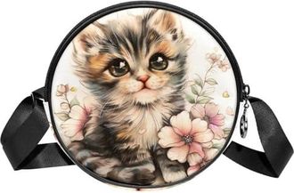 Generic Petit sac &agrave; bandouli&egrave;re rond pour femme, motif fleurs de chat, sac &agrave; dos avec fermeture &eacute;clair, bretelles r&eacute;glables, sac &agrave; main rond d&eacute;contract&eacute; pour 
