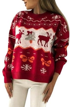 Generic Sweat Noel Femme Hiver Chaud,Pull Femme Festif en Maille Fair Isle Confortable à Manches Longues Col Rond Coupe DéContractéE IdéAl pour Tenue DéContra