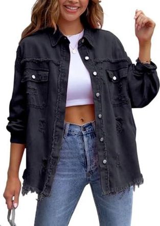 Generic Veste en jean pour femme 2024, veste en jean décontractée pour femme, rabat plié avec poches, veste en jean à manches longues (Black,Grand)