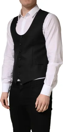 Dolce & Gabbana Mens Black Wool Single Breasted Waistcoat Vest Virgin Silk Polyester Clothing