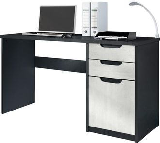 Vladon Schreibtisch Logan, Made in Germany, Bürotisch mit 2 Schubladen und 1 Tür, Schwarz matt/Beton Oxid Optik (129 x 76 x 60 cm)